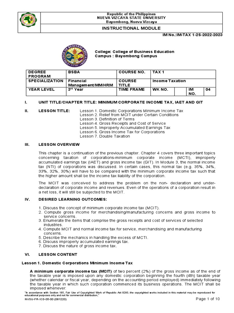Module IV. Minimum Corporate Income Tax IAET GIT | PDF | Gross Income ...