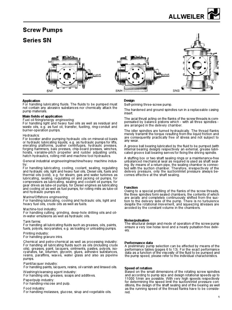 Allweiler SN Series Screw Pumps Overview | PDF | Pump | Lubricant