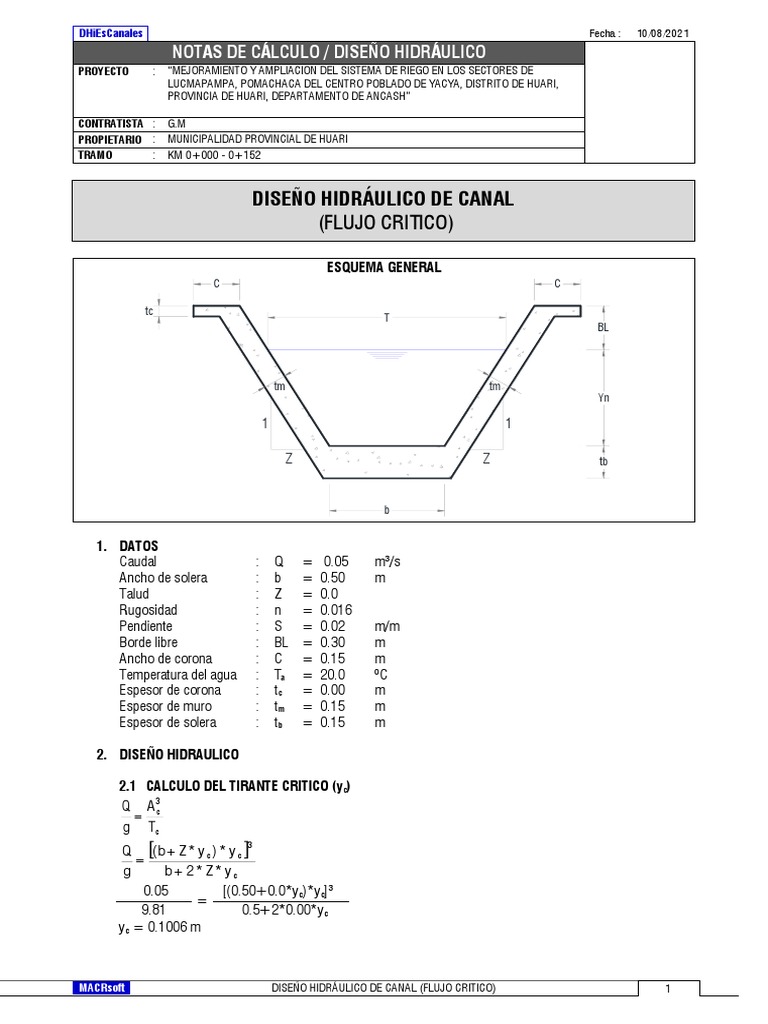 Diseño Hidráulico de Canal: (Flujo Critico) | PDF | Líquidos | Ingeniería