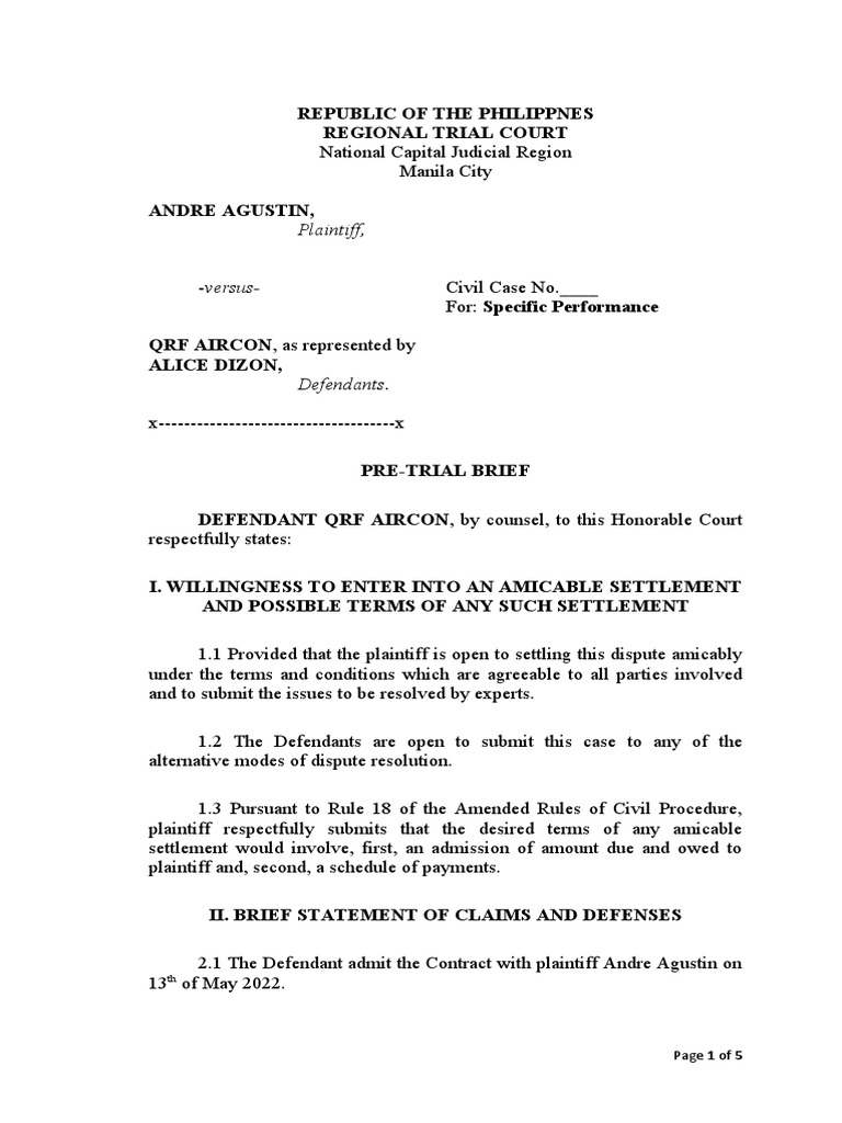 Pre-Trial Brief for QRF Aircon Case | PDF | Discovery (Law) | Cause Of ...