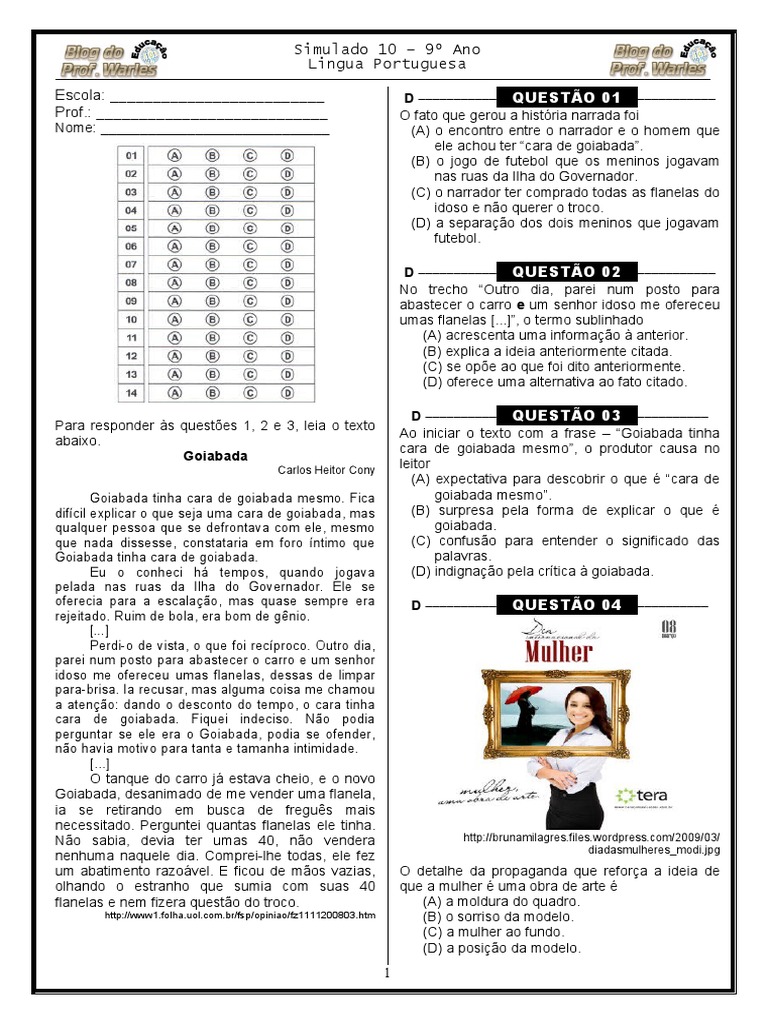 Simulado 10 (Port. 9º Ano - Blog Do Prof. Warles) | PDF | Brasil ...