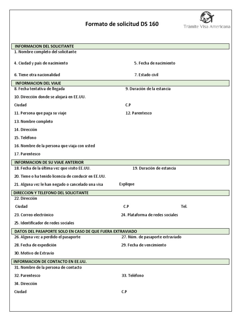 Formato de Solicitud DS 160 Borrador | PDF