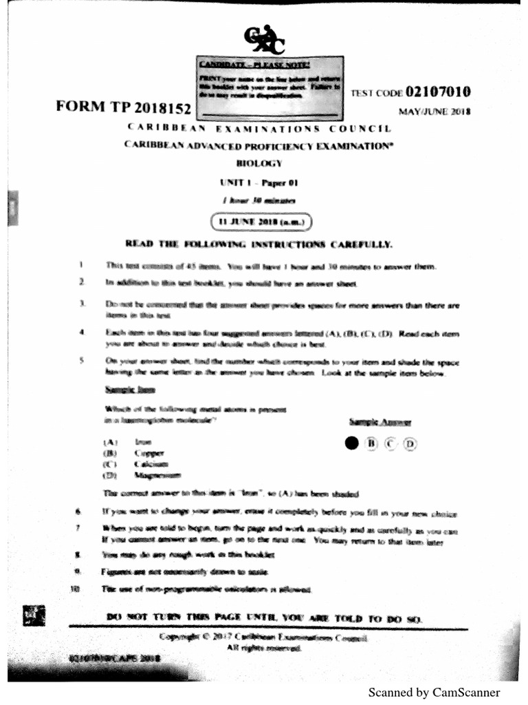 CAPE Biology 2018 U1 P1 - Solutions | PDF
