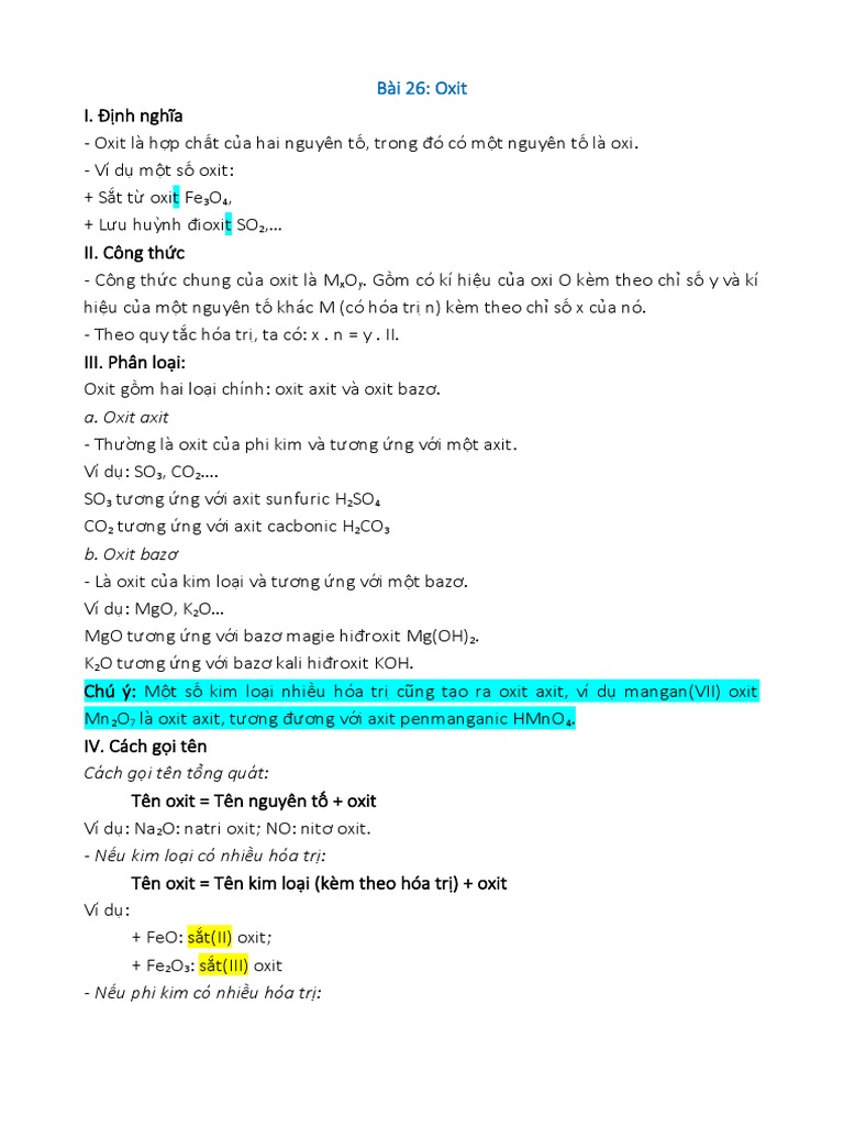 Ly Thuyet Oxit Hoa Hoc Lop 8 | PDF