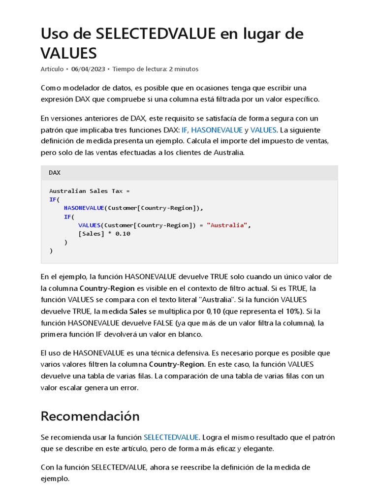 SELECTEDVALUE Power BI Dax | PDF