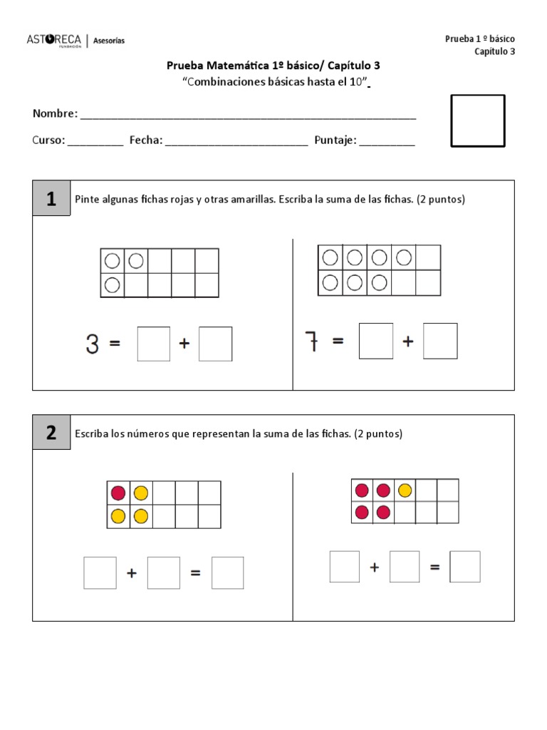 Prueba Matemática 1º Básico: Sumas hasta 10 | PDF | Matemáticas