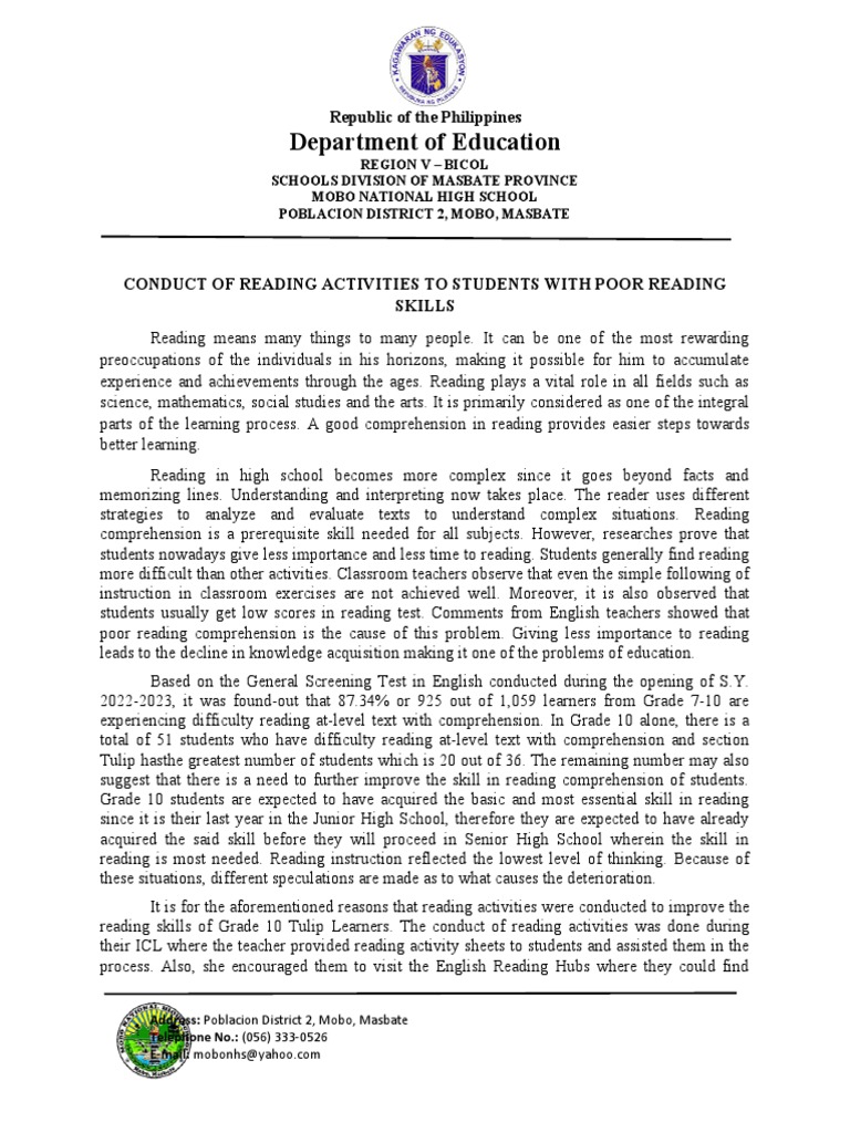 Department of Education: Republic of The Philippines | PDF | Reading ...