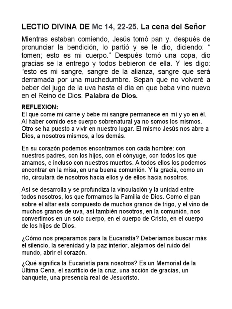 LECTIO DIVINA DE MC 14 LEGION DE MARIA | PDF | eucaristía