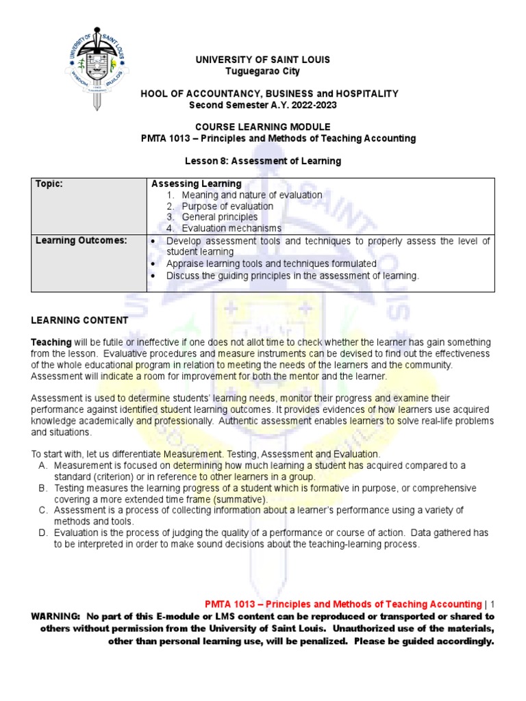Lesson 8 - Learning Assessment | PDF | Educational Assessment | Learning