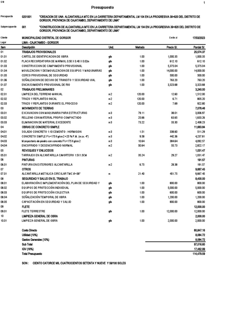 Presupuesto Alcantarilla Gorgor 2023 | PDF | Materiales de construcción | Albañilería