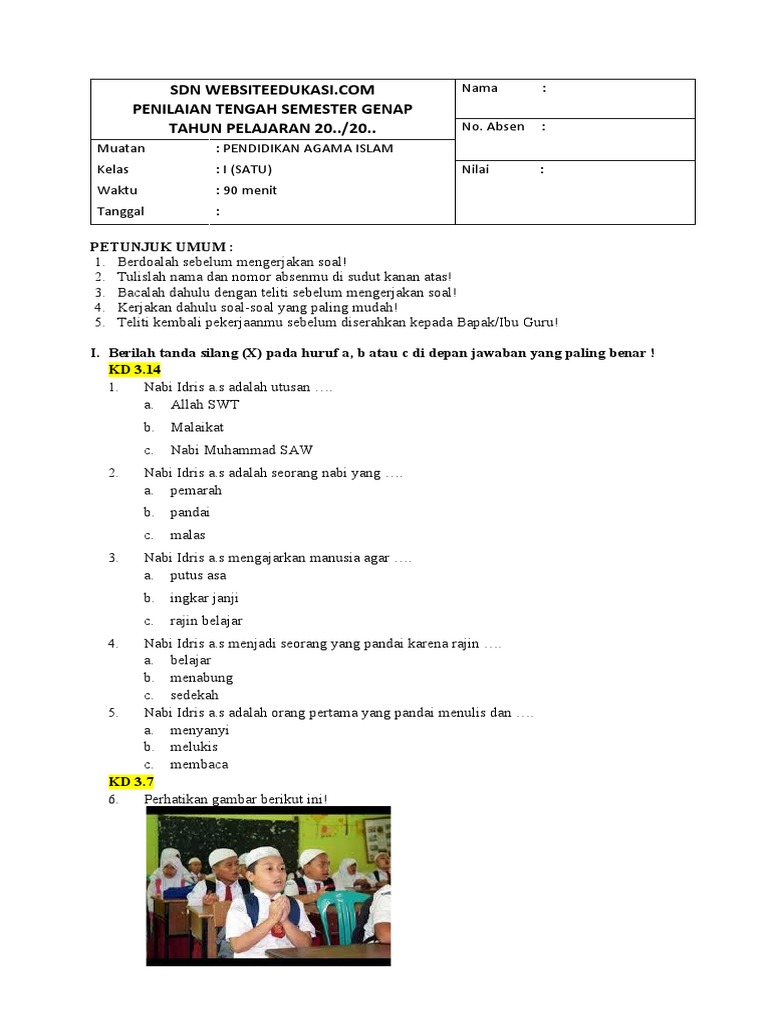 Soal PTS 2 PAI Kelas I K13 VERSI 1 | PDF