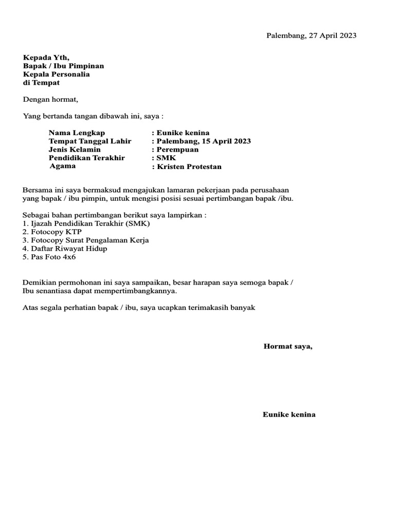 Surat Lamaran Dan Daftar Riwayat Hidup Keke-2 | PDF