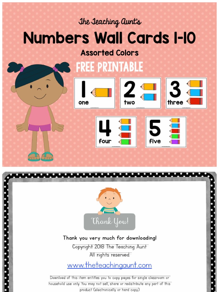 Numbers Wall Cards 1-10 Assorted Colors Free Printables The Teaching ...