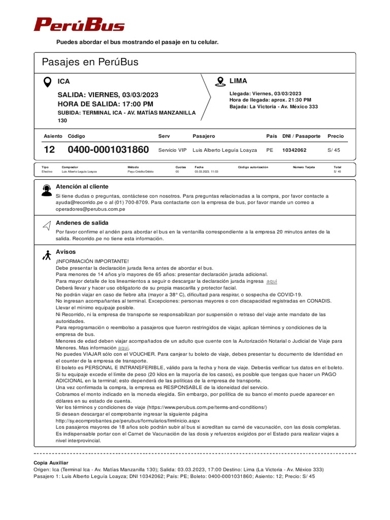 Pasaje Ica-Lima 03/03 17:00 | PDF