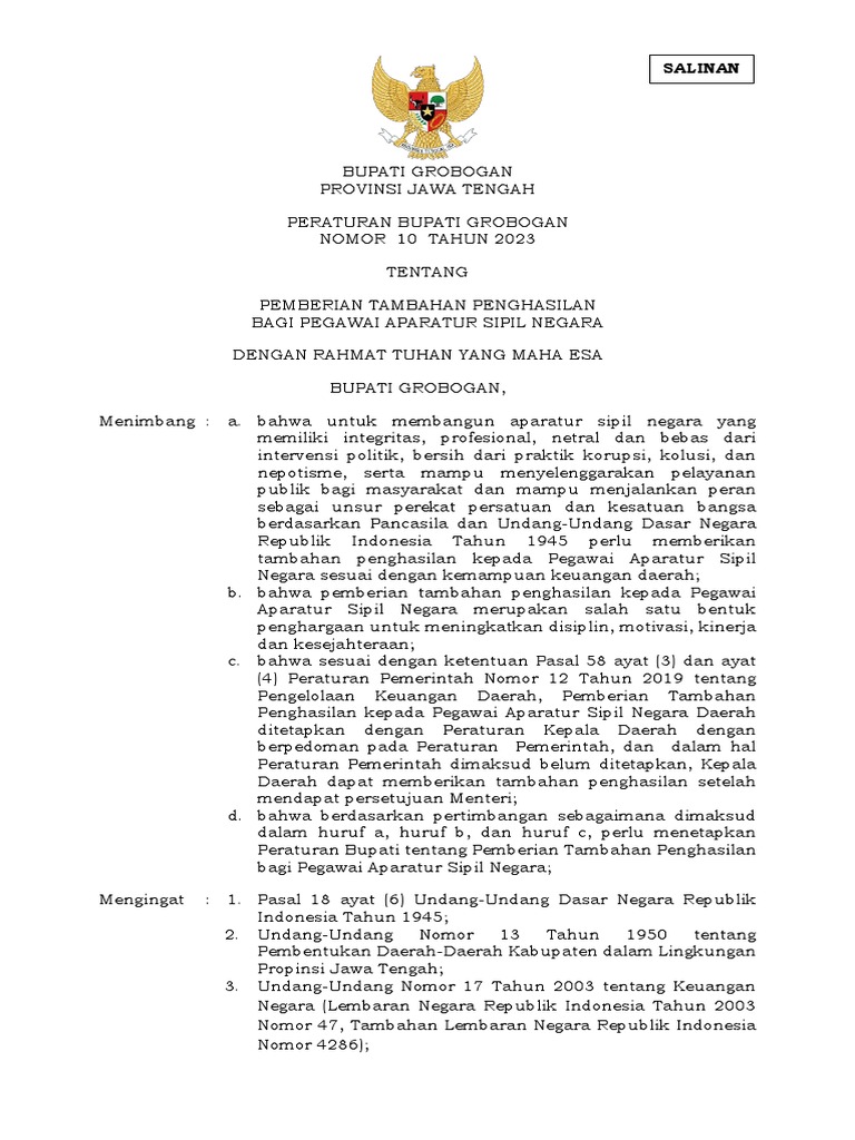 Salinan Perbup Nomor 10 Tahun 2023 TTG Tpp. | PDF