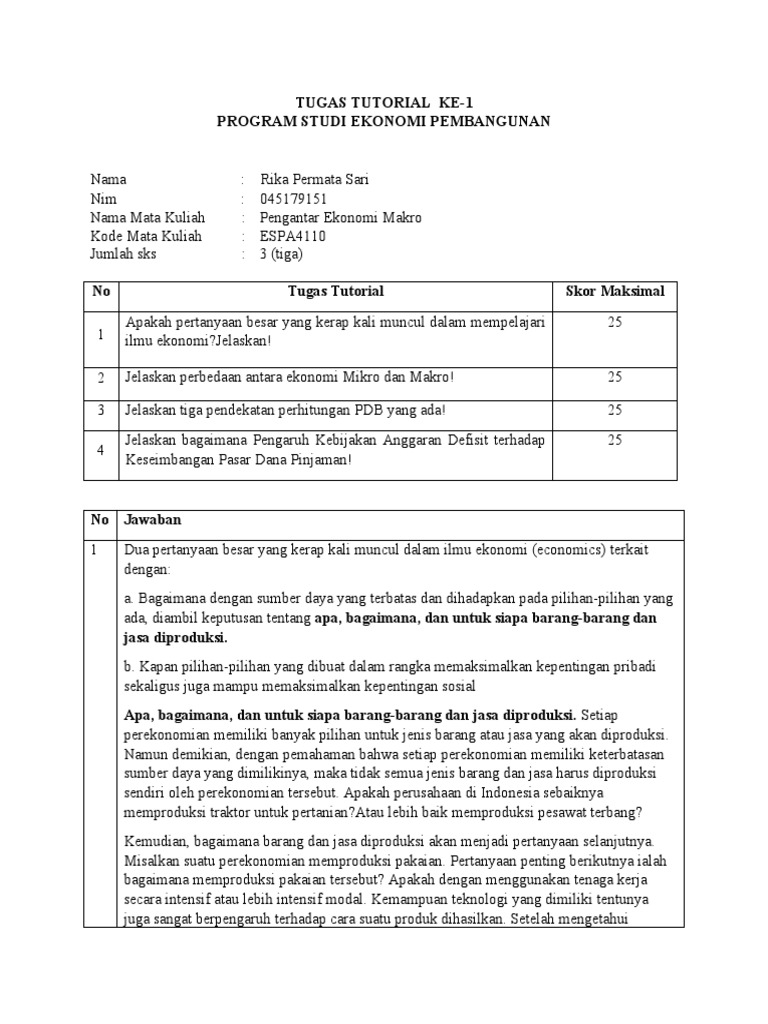 Tugas Tutorial 1 ESPA40110 - PE Makro | PDF