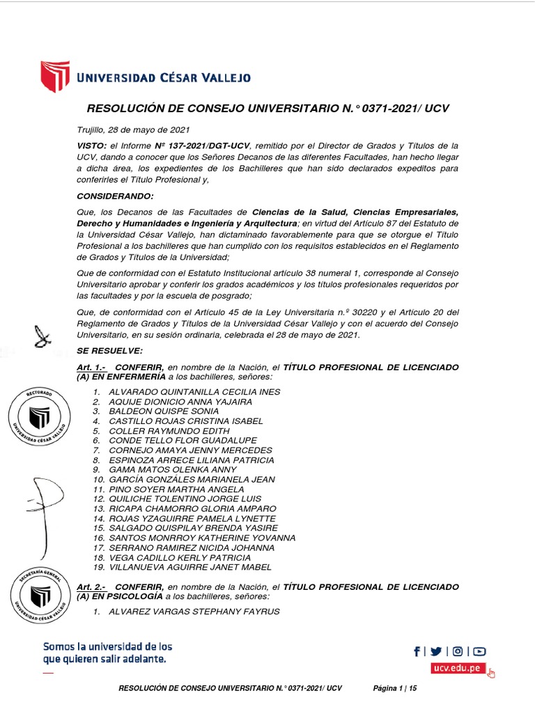 Rcu. #0371-2021-Ucv - Titulo Lima Norte | PDF