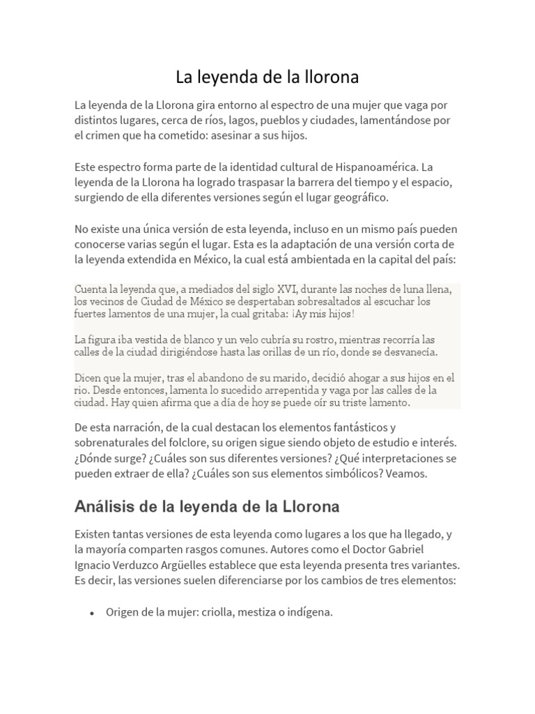 La Llorona: Leyenda y Análisis Cultural | PDF | Ficción general