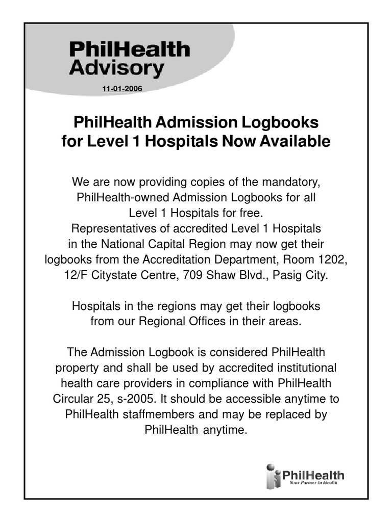 PhilHealth announces free admission logbooks now available for level 1 ...