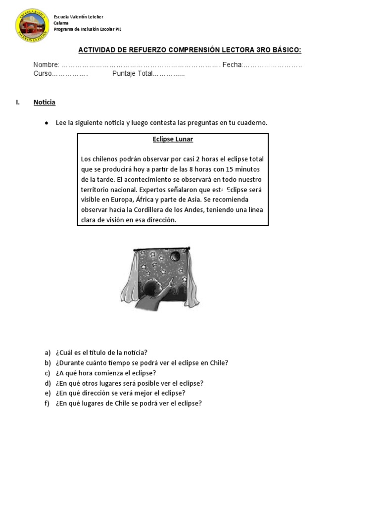 I. Noticia: Actividad de Refuerzo Comprensión Lectora 3ro Básico | PDF