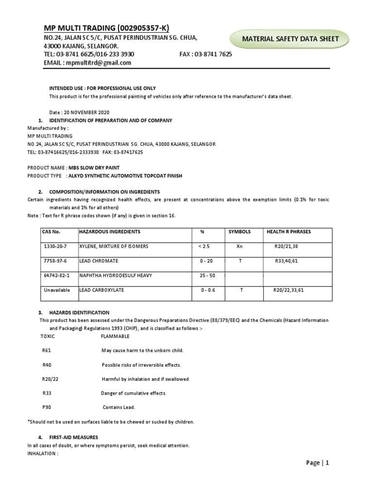 MBS Auto Refinish - SDS - English | PDF | Toxicity | Occupational ...