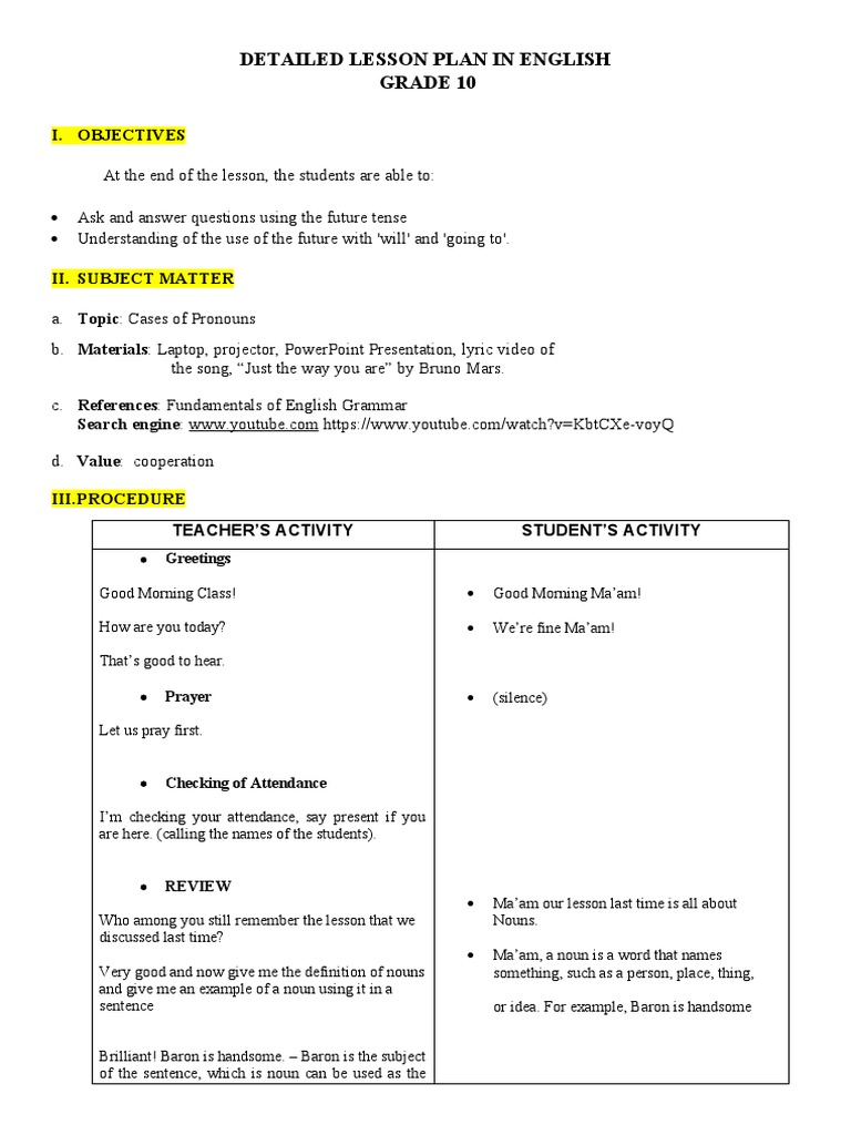 Detailed Lesson Plan in English | PDF | Pronoun | Subject (Grammar)