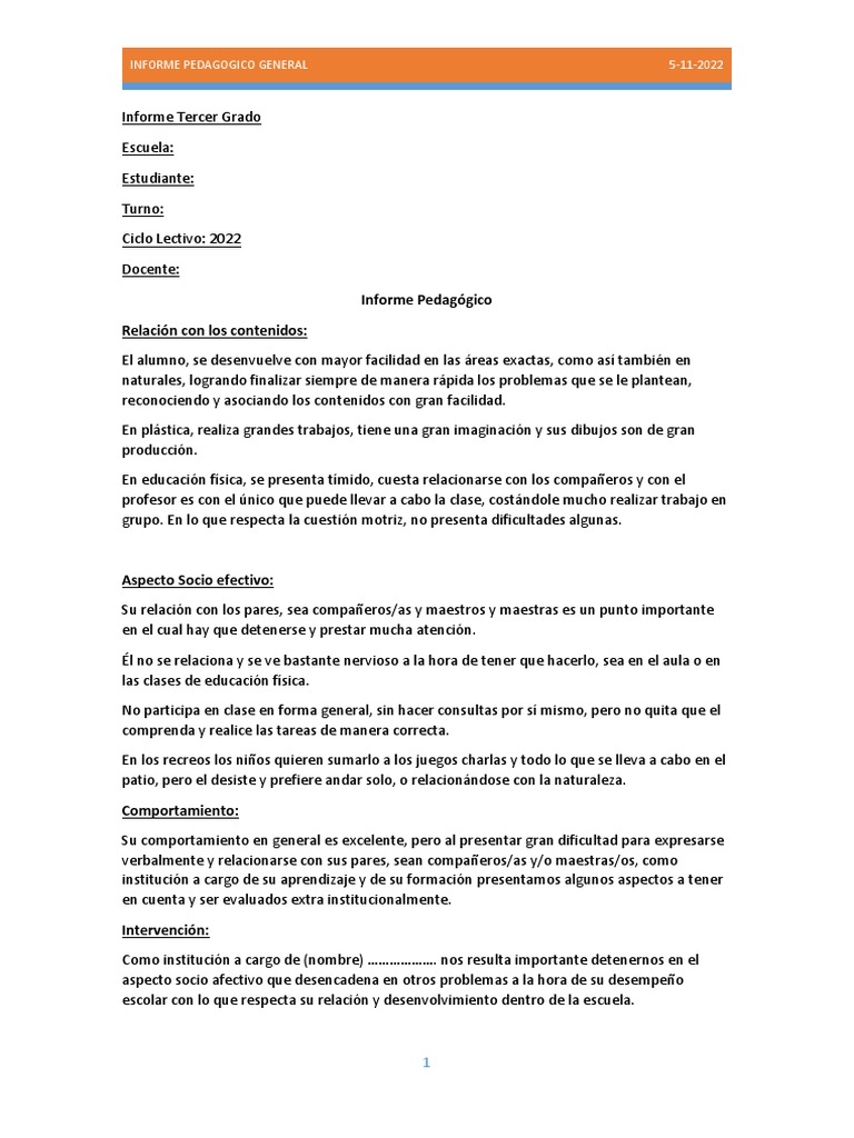 Informe Pedagógico Tercer Grado 2022 | PDF | Maestros | Aprendizaje