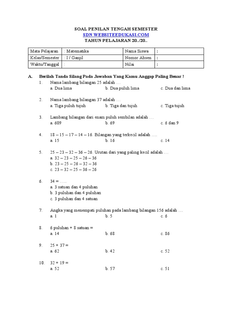 Soal PTS MTK Kelas I | PDF