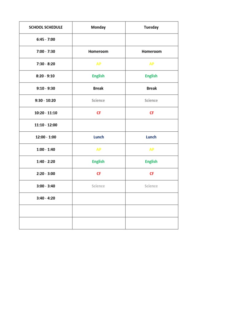 A Typical Weekly Class Schedule for a High School with Details on ...