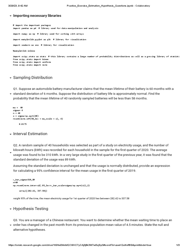 Practice Exercise Estmation Hypothesis Questions - Ipynb - Colaboratory | Download Free PDF | P ...