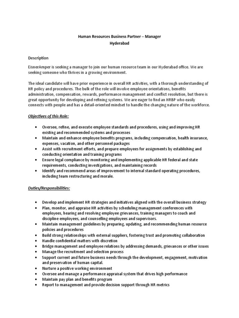 JD HRBP Manager | PDF | Human Resource Management | Human Resources