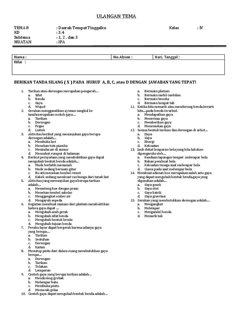 Ulangan Ipa Kelas 4 Gaya Dan Gerak Pdf