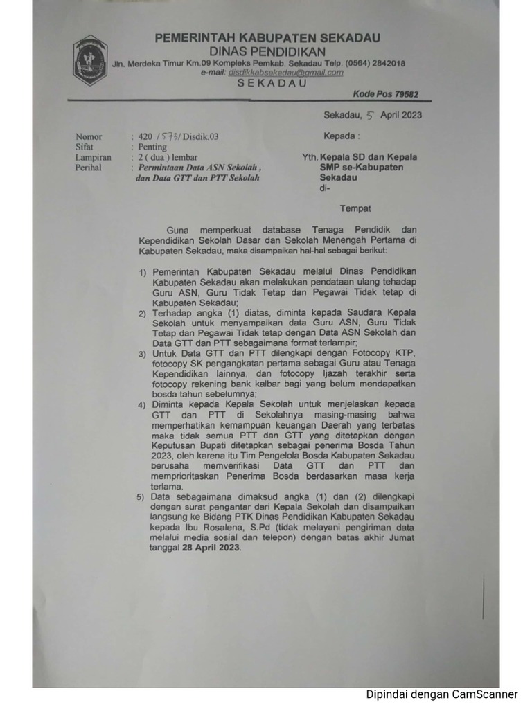 Permintaan Data ASN Sekolah, Dan Data GTT Dan PTT Sekolah | PDF