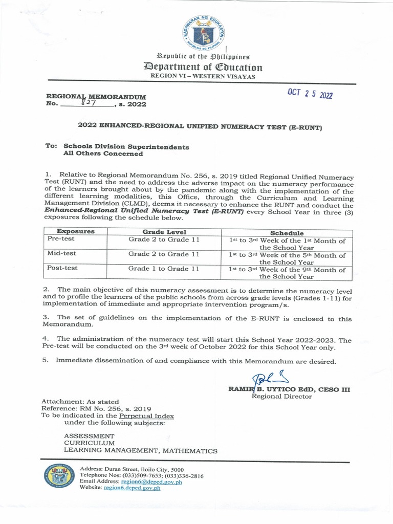 RM No. 827 S. 2022 2022 Enhanced Regional Unified Numeracy Test E Runt ...