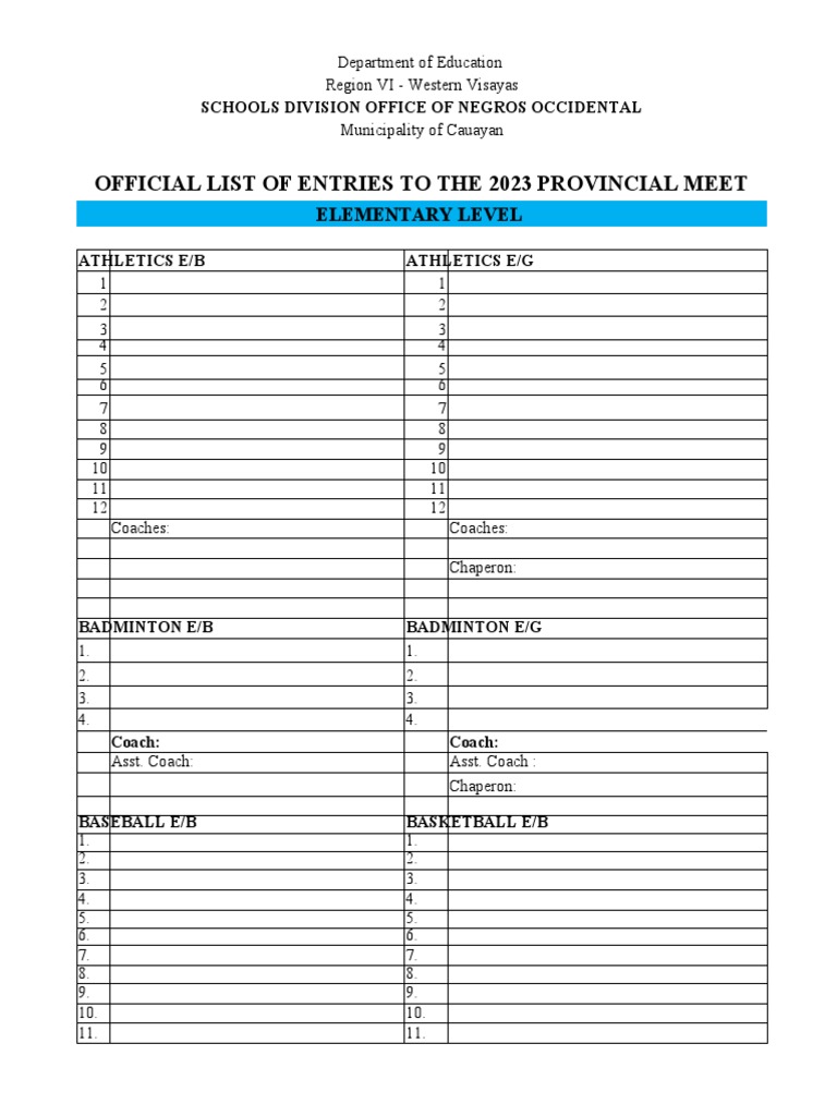 Official List of Entries To The 2023 Provincial Meet: Elementary Level ...