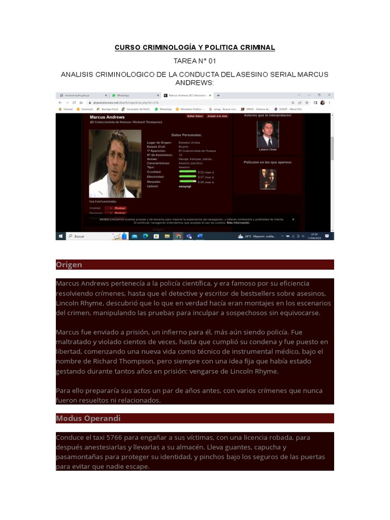 Tarea #01 Analisis Del Perfil Del Delincuente | Descargar gratis PDF | Sicología | Crímenes