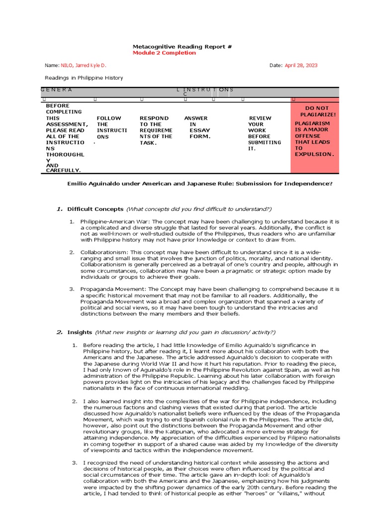 Metacognitive Reading Report Module 2 Completion | PDF | History