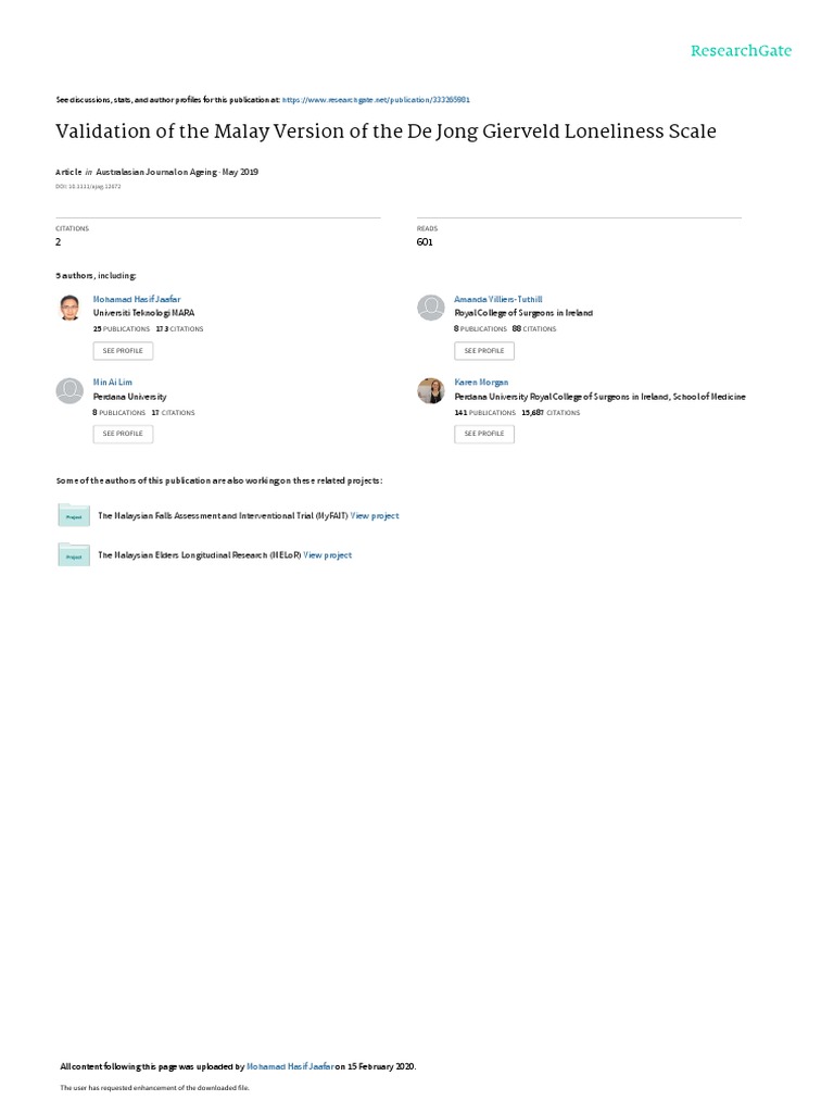 Validation of The Malay Version of The de Jong Gierveld Loneliness ...