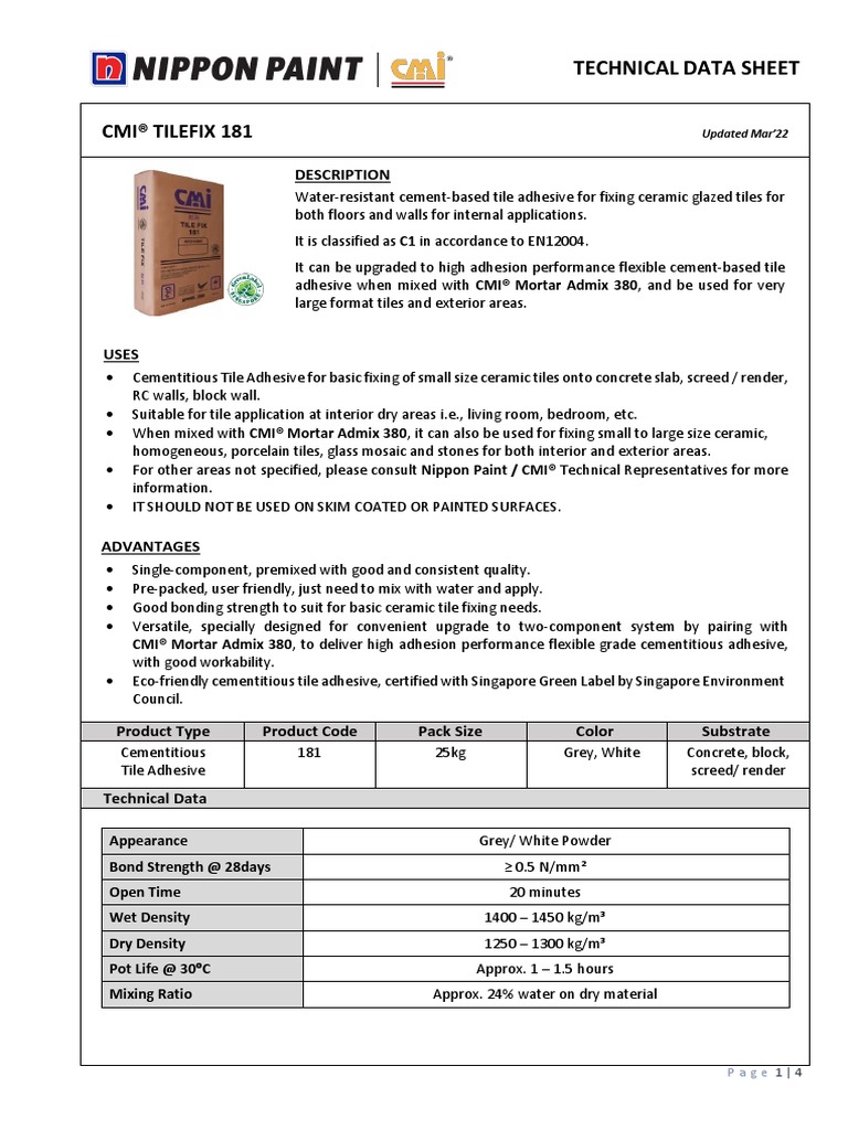 TDS - CMI Tilefix 181 - 2022.03 | PDF | Tile | Adhesive
