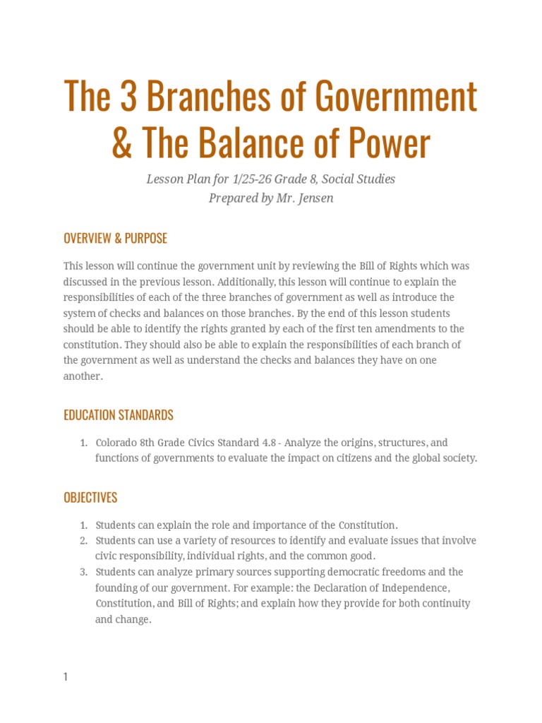 Lesson Plan | PDF | Separation Of Powers | United States Bill Of Rights