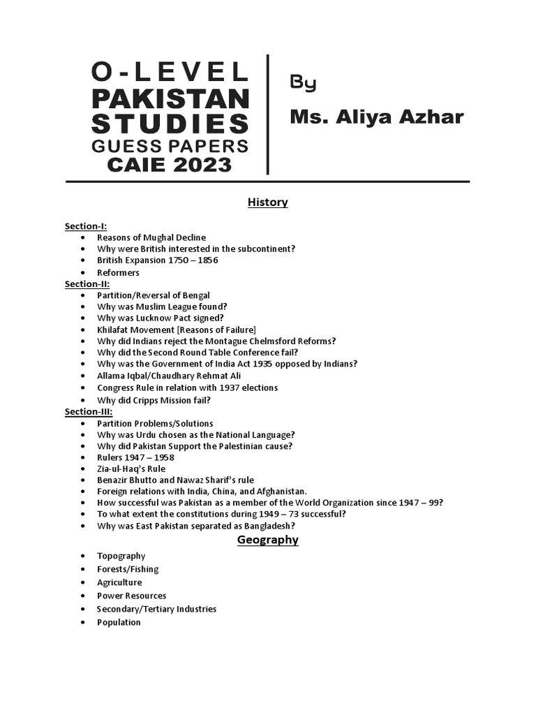 Guess O Level Pak Studies 2023 Updated Pdf Pakistan All India