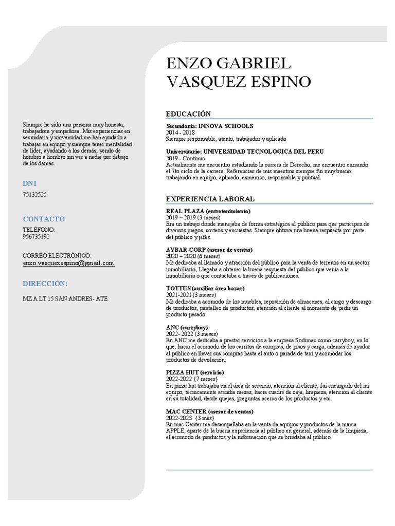 Enzo Gabriel Vasquez Espino: Educación | PDF | Servicio al Cliente