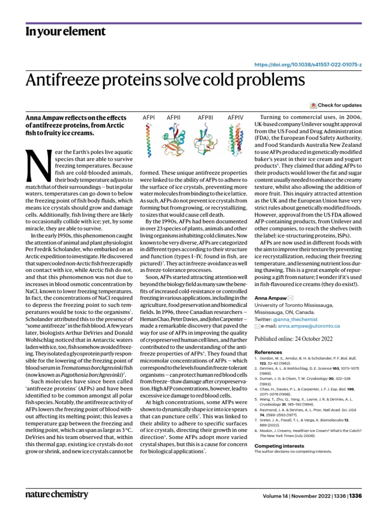 Antifreeze Proteins Solve Cold Problems | PDF | Ice | Chemistry