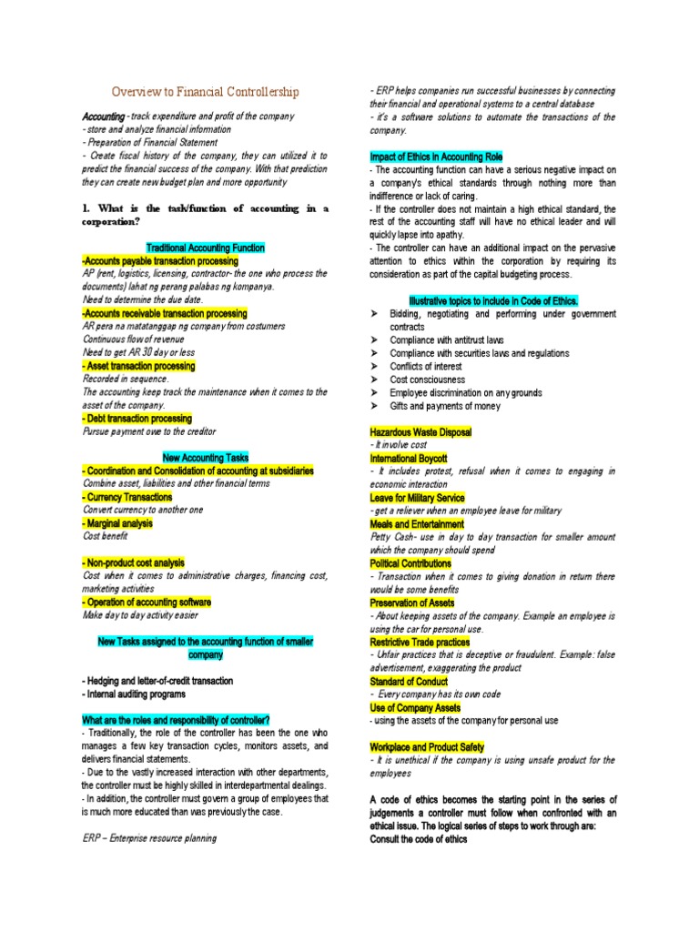 Overview To Financial Controllership: 1. What Is The Task/function of ...