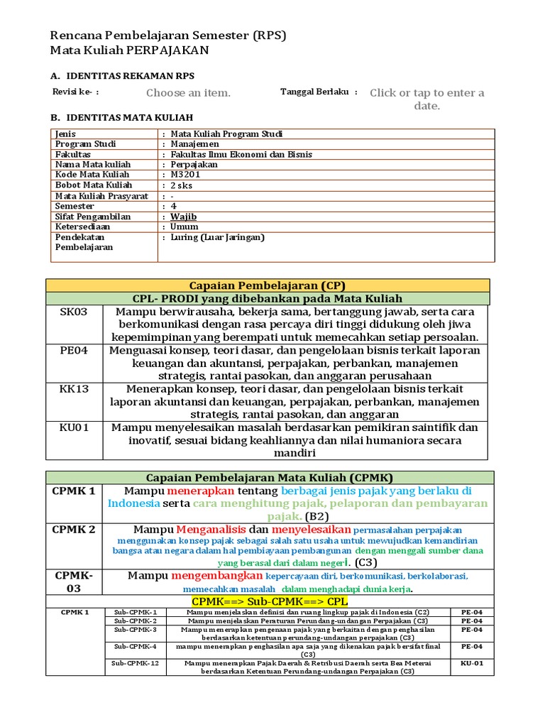 RPS M3201 Perpajakan Anton 2023 - Praktisi - Mengajar | PDF | Pengelolaan Keuangan & Uang