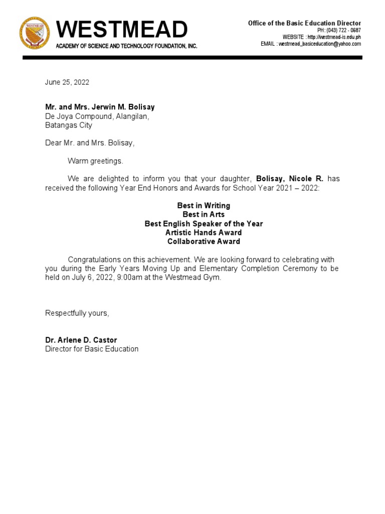 Edited Sample Letter To Honors and Awardees | PDF