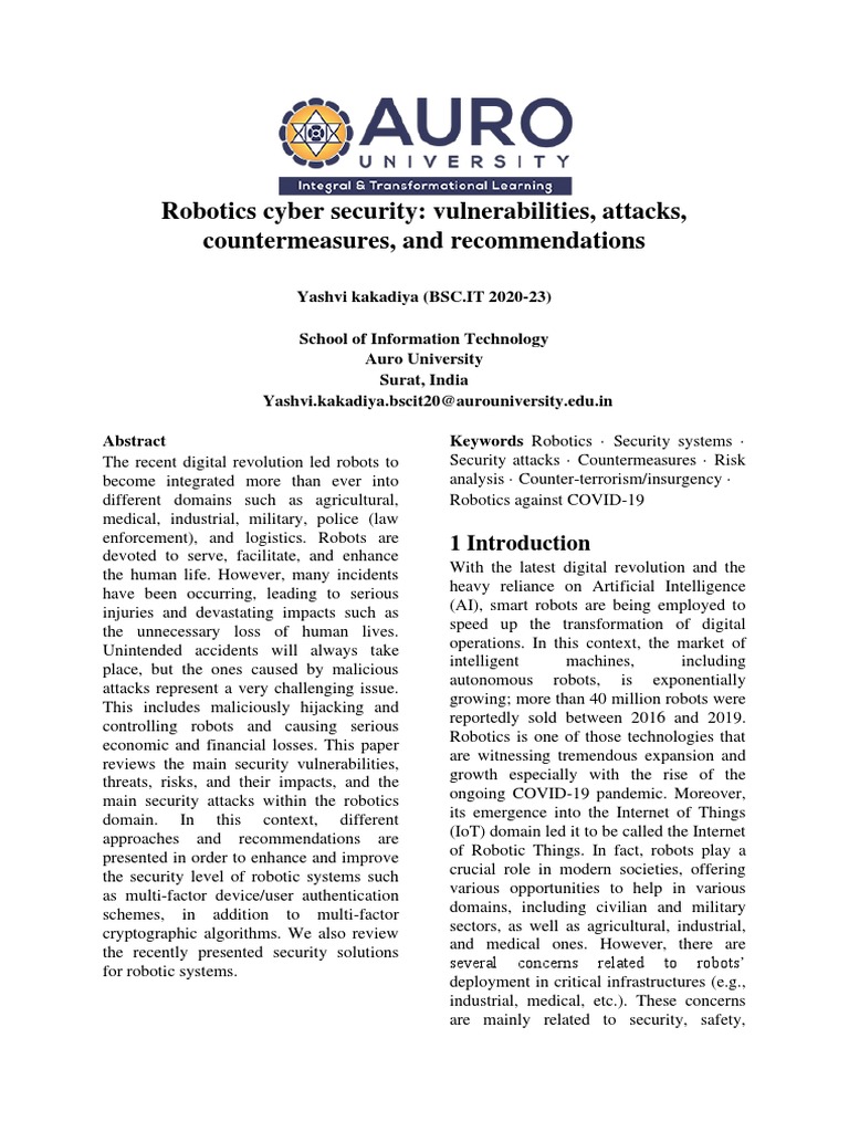 Robotics Cyber Security: Vulnerabilities, Attacks, Countermeasures, and Recommendations | PDF ...