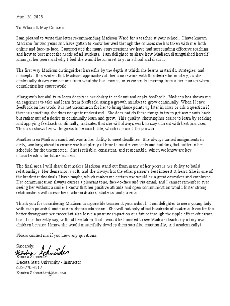 Madison Ward-Letter of Recommendation | PDF | Teachers | Social Psychology