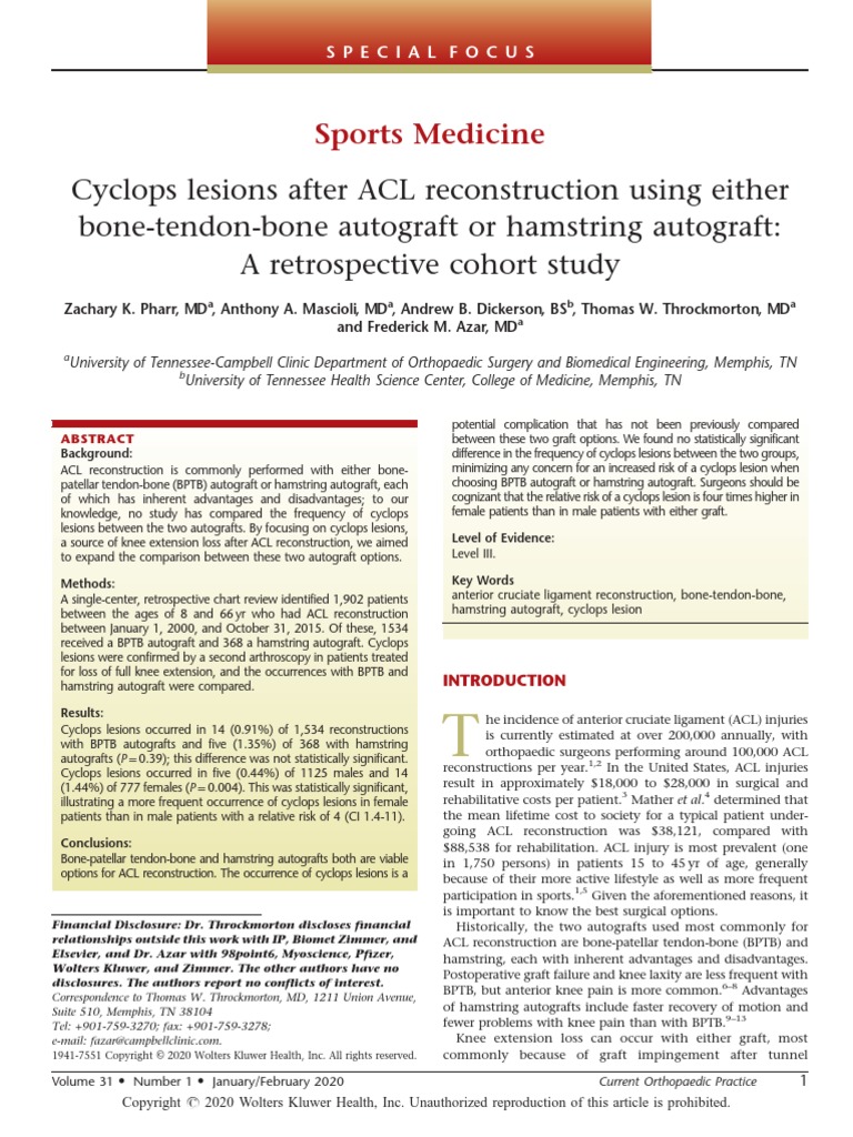 Cyclops Lesions After ACL Reconstruction Using Either Bone-Tendon-Bone ...