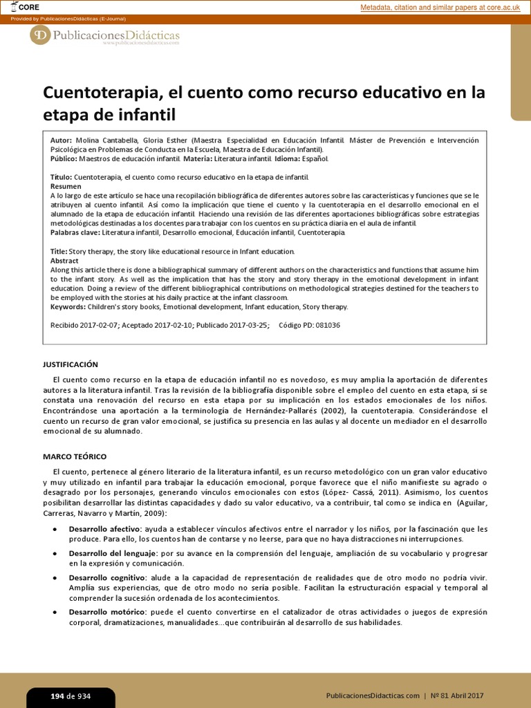 Cuentoterapia, El Cuento Como Recurso Educativo en La Etapa Infantil ...